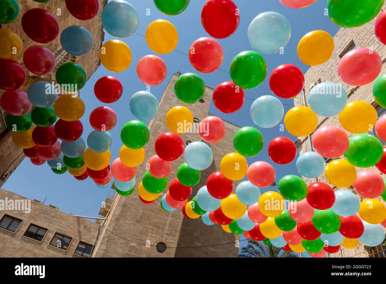Balloons hanging over Koresh street in West Jerusalem Israel Stock ...