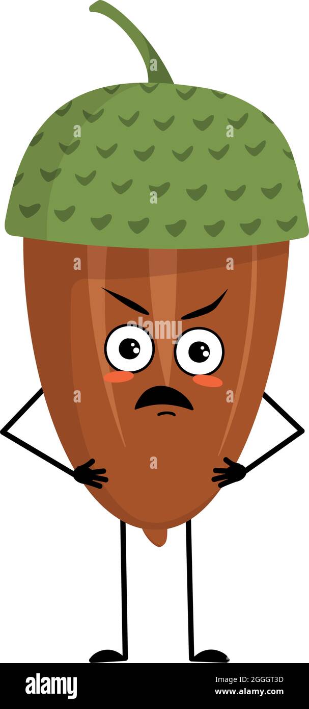 Character acorn with angry emotions, grumpy face, furious eyes, arms ...