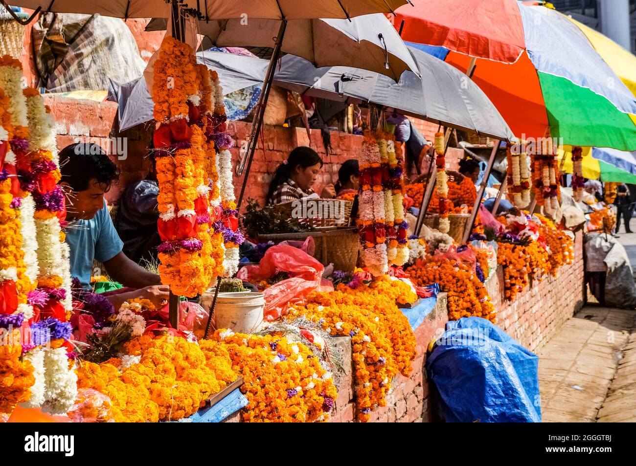 Marigold flower garland sellers on the stairs of the Maju Dega temple ...
