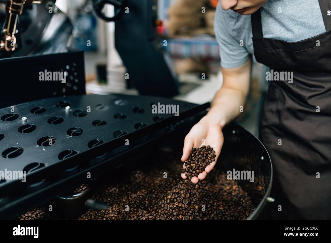 Dark, aromatic, chocolate coffee beans freshly baked and hot cool down ...