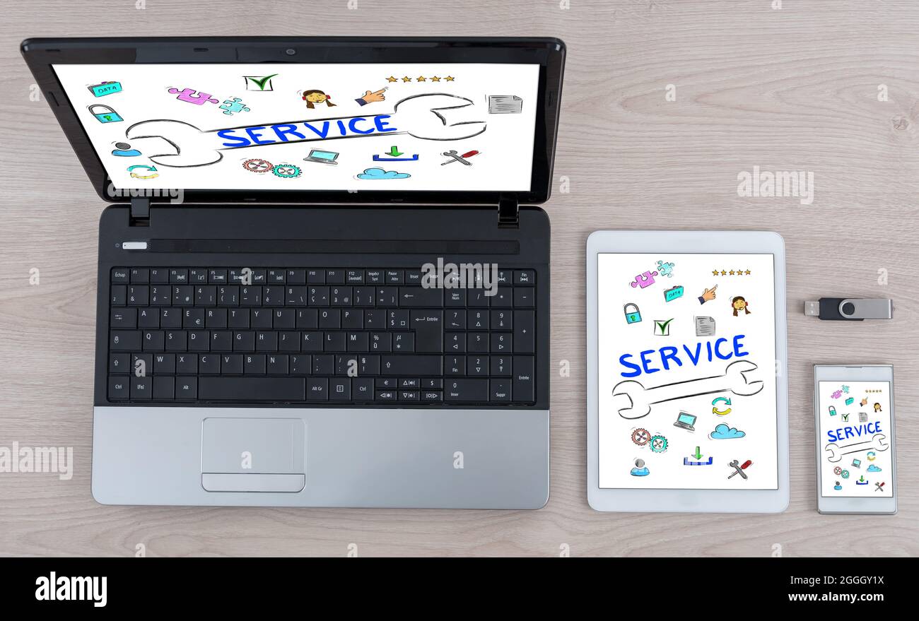 Customer service concept shown on different information technology ...