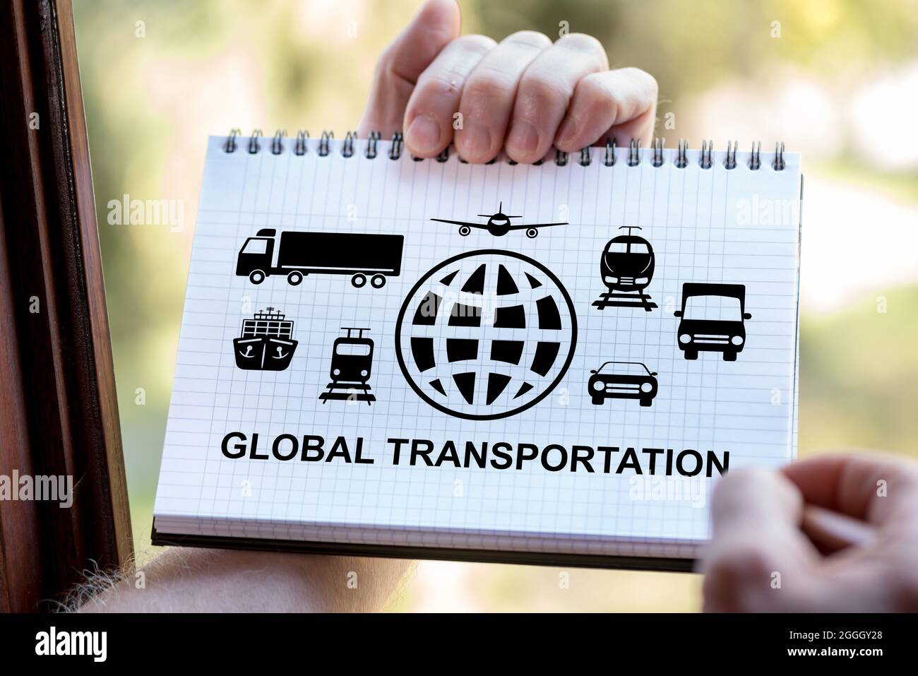 Hand drawing global transportation concept on a notepad Stock Photo - Alamy