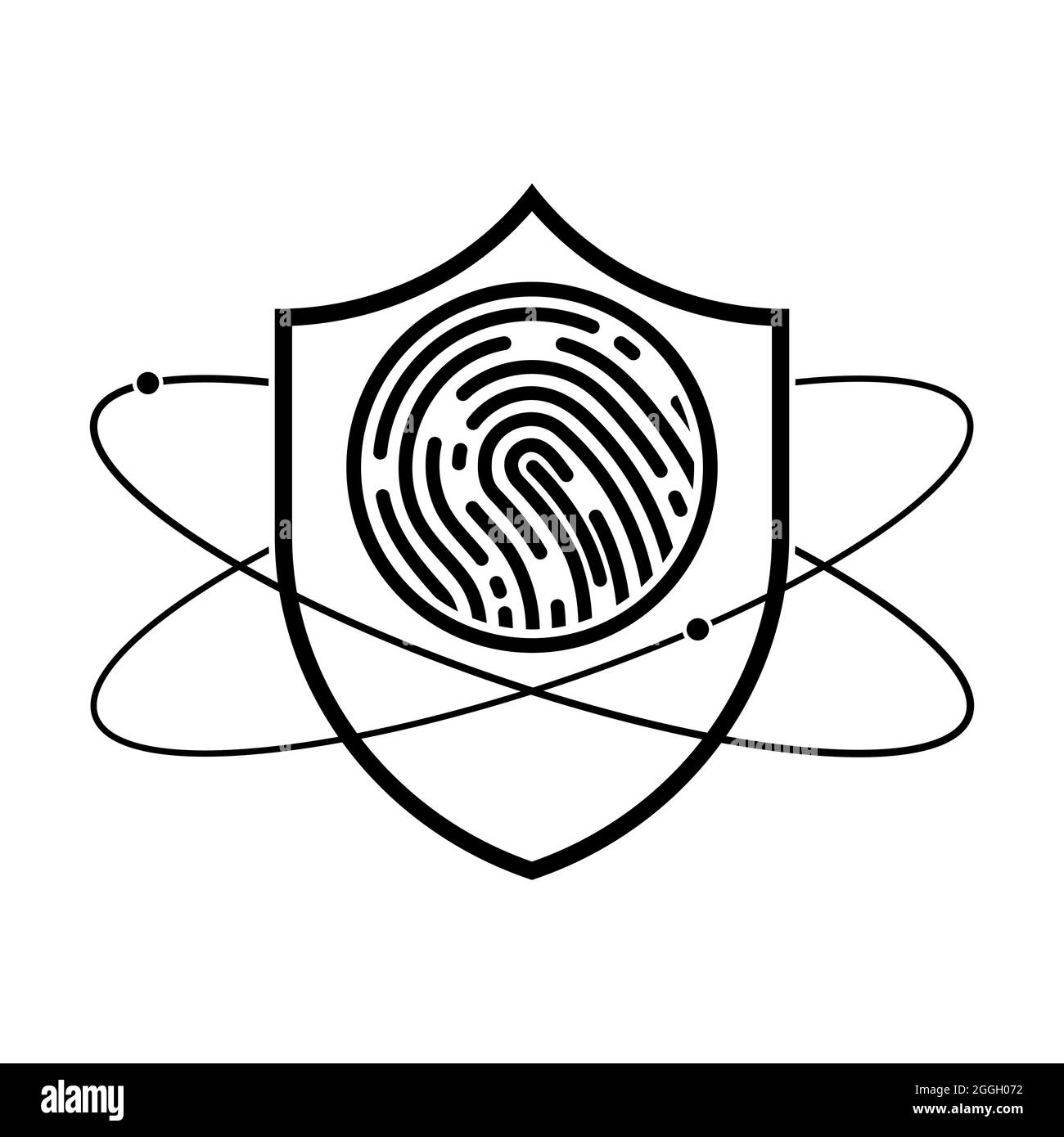 Shield with fingerprint icon. Biometric data protection symbol. Vector illustration. Linear ...