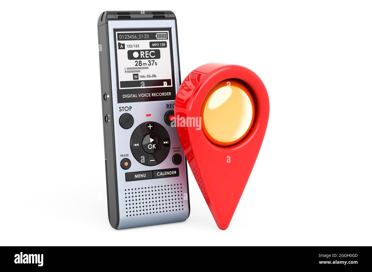 Digital voice recorder with map pointer. 3D rendering isolated on white ...