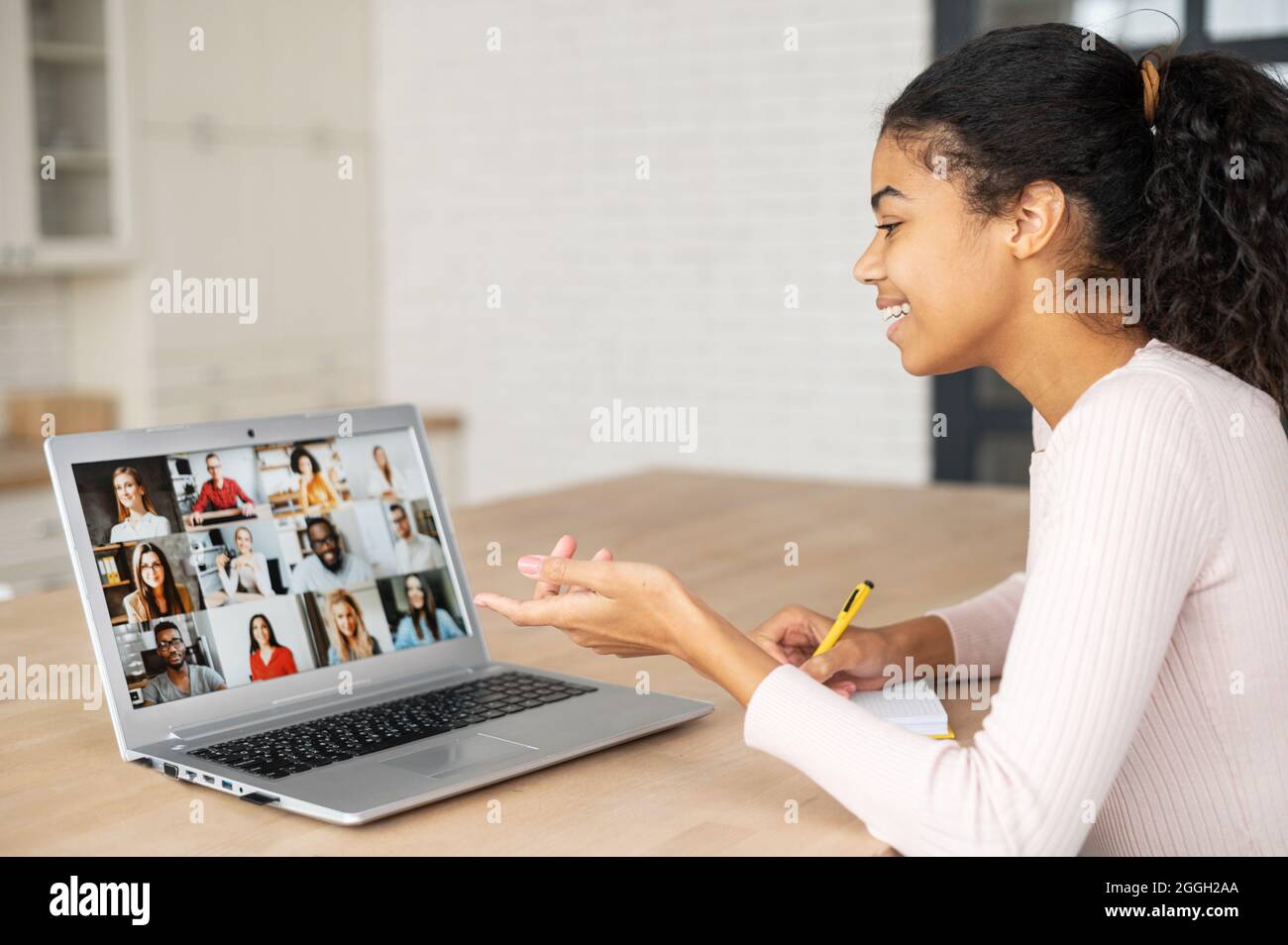African American female student using application for distance video ...