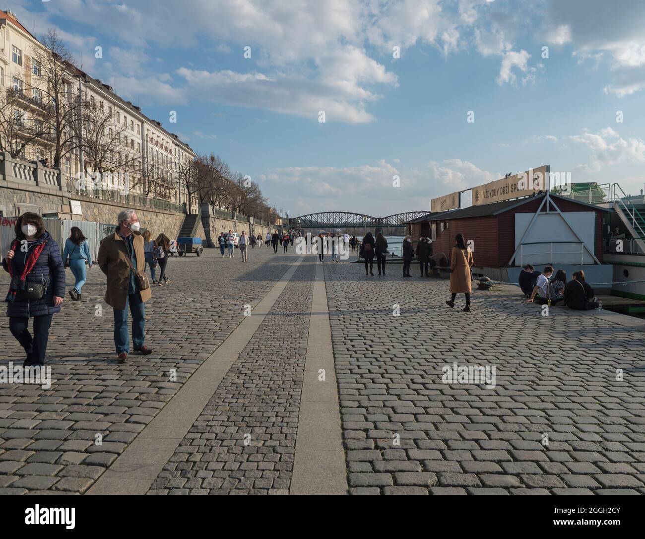 Prague, Czech Republic, March 26, 2021: The embankment of river Vltava ...