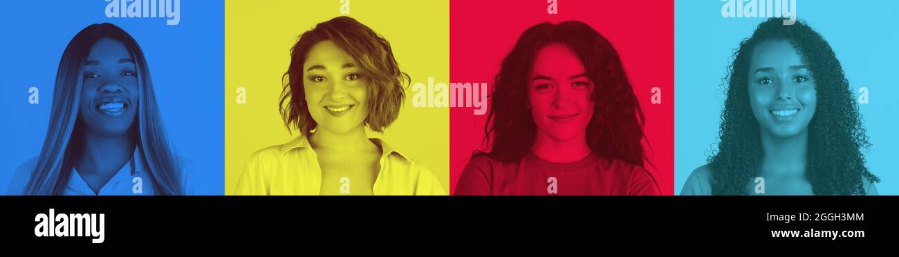 Colorful collage of four young beautiful smiling women. Duotone effect ...