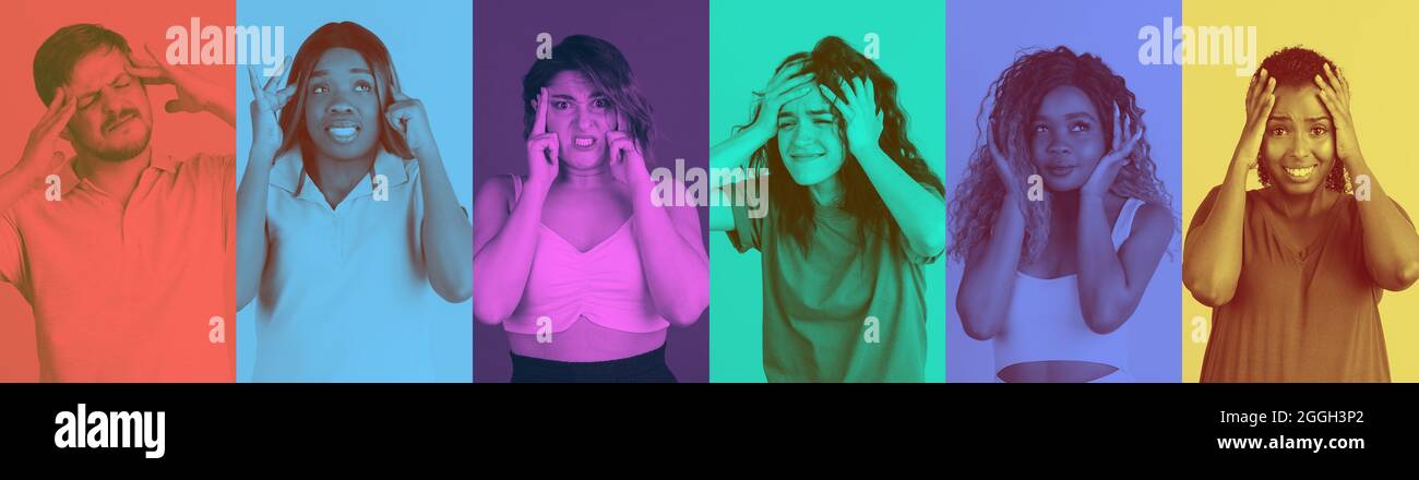 Negative stressful emotions. Collage of young people isolated over ...