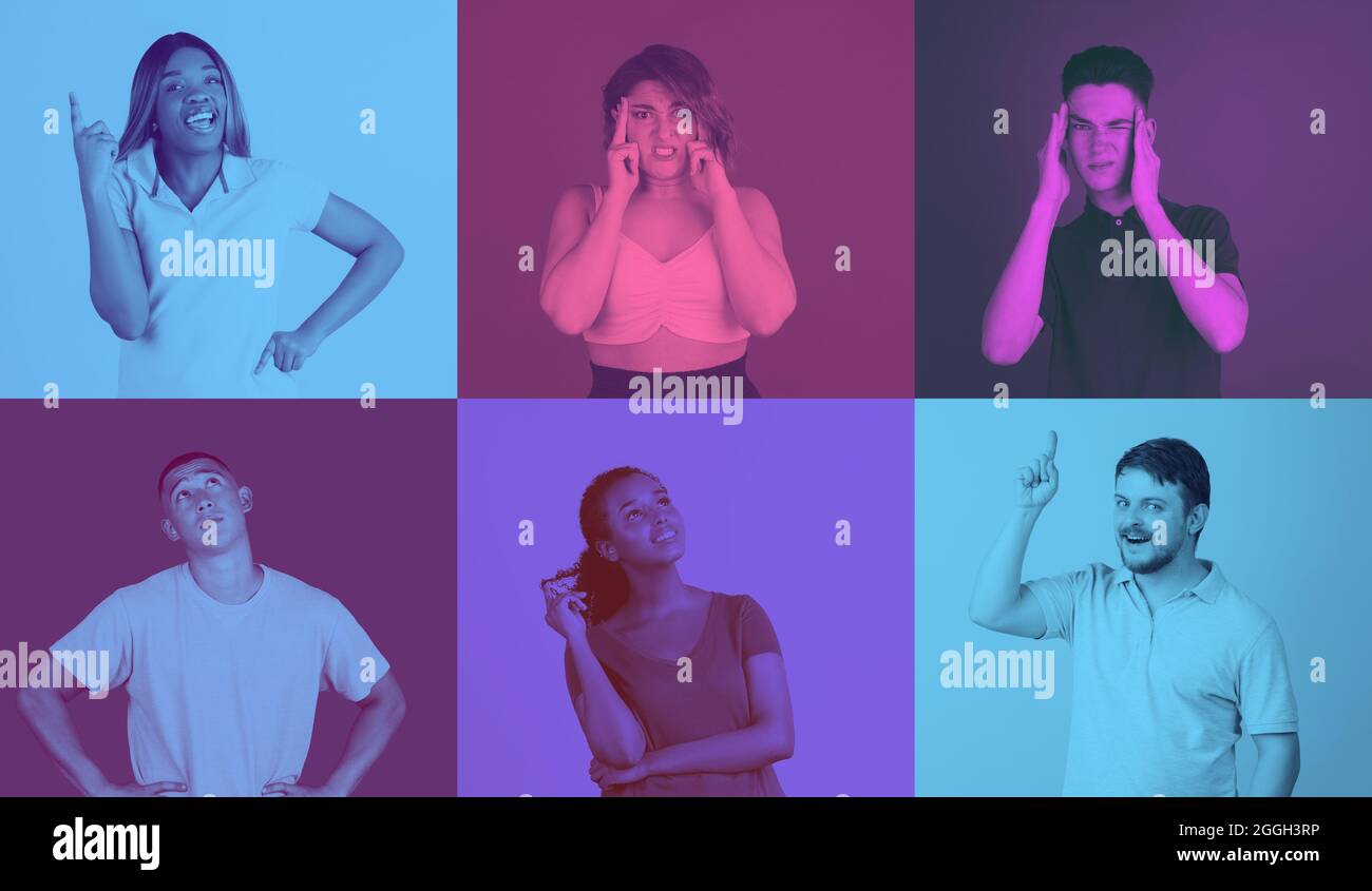 Collage of six people describing different emotions. Duotone effect ...