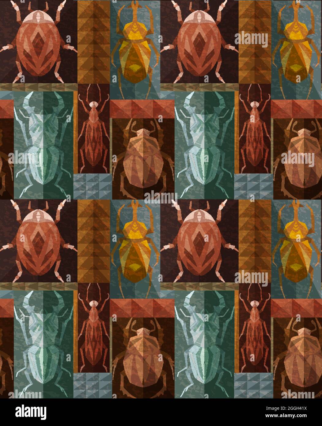 Seamless pattern with geometric insects in rectangle mosaic. Vector ...