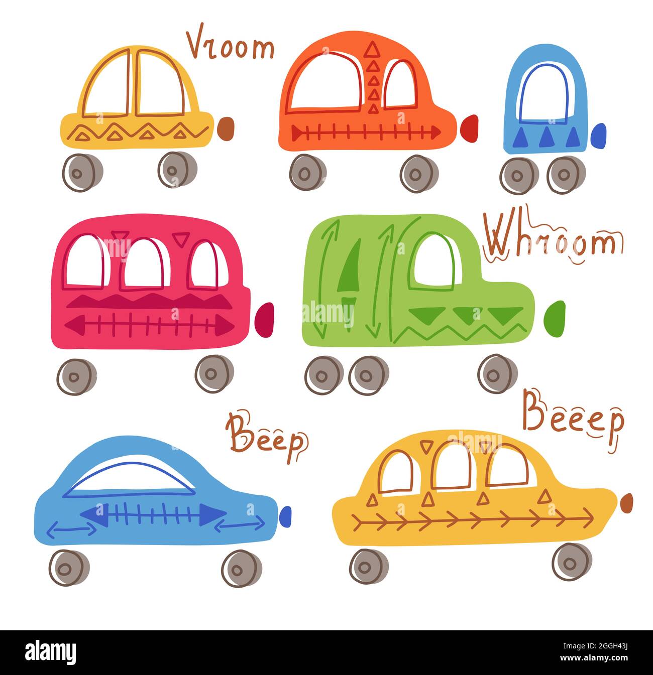 Set of cute childish hand drawn flat cars with tribal pattern and ...