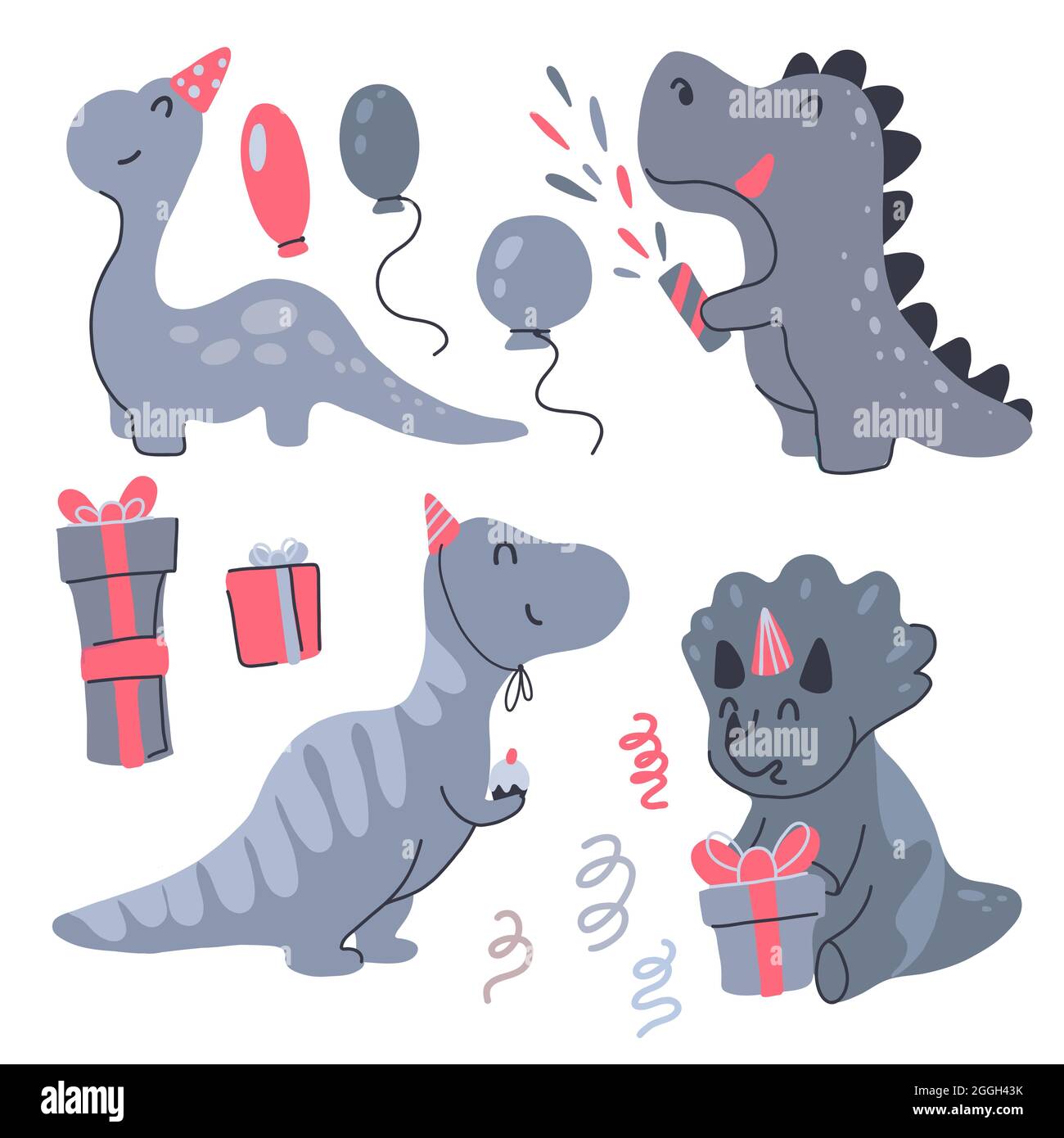 Set of happy little dinosaurs celebrate birthday. Festive party. Vector ...