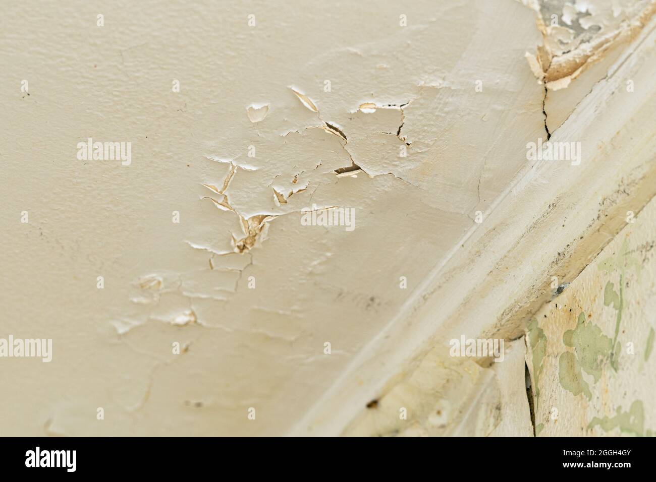 Broken plaster on the ceiling after a water leak from the upper floor ...