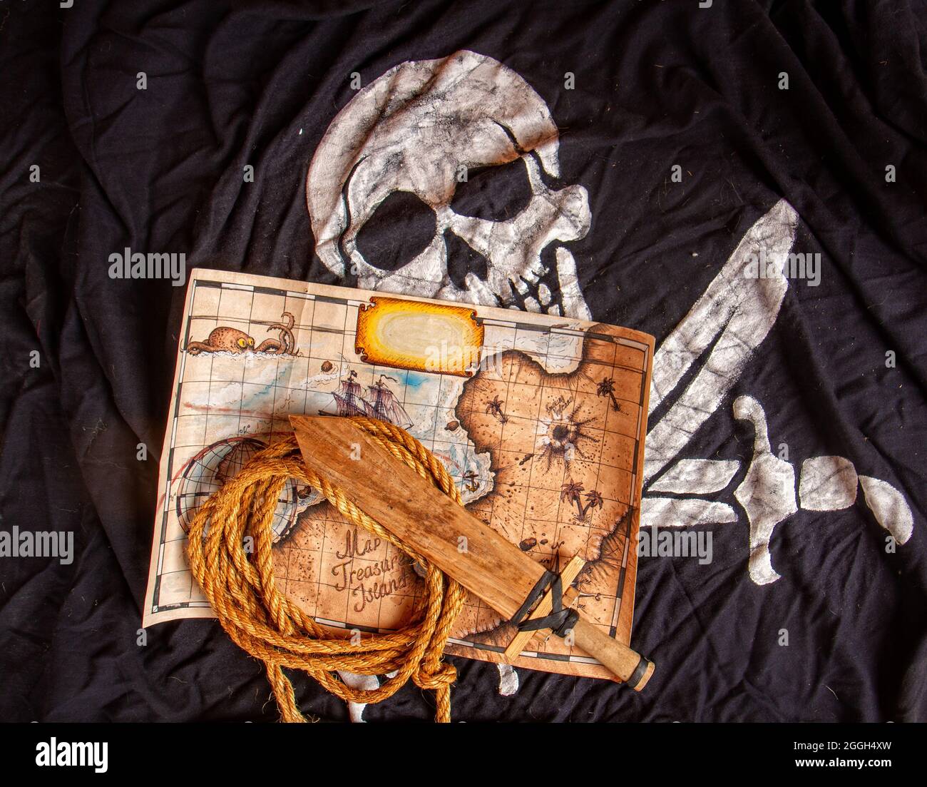 black pirate flag treasure map jolly roger rope and childrens wooden ...