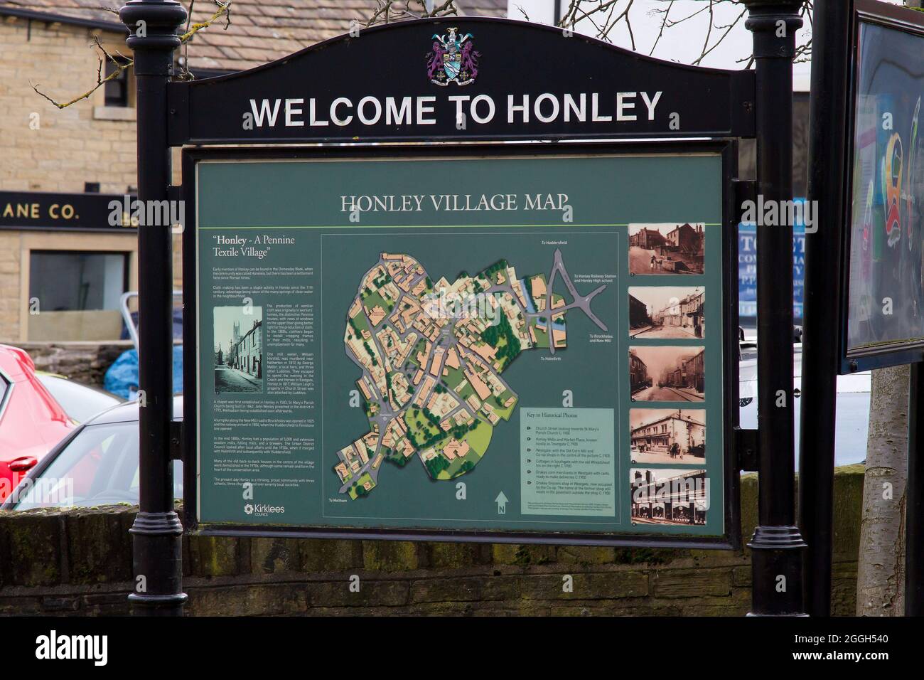 Welcome to Honley (village) sign Stock Photo - Alamy