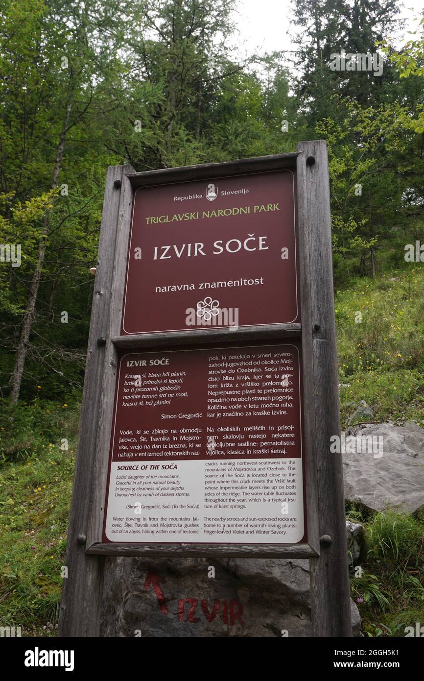 Sign for the spring of the Soca River, Slovenia 2020 Stock Photo - Alamy