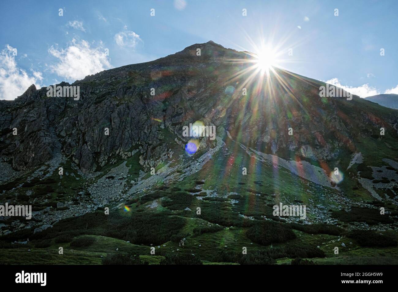 Jakubina peak with sun rays, Western Tatras mountains, Slovak republic ...