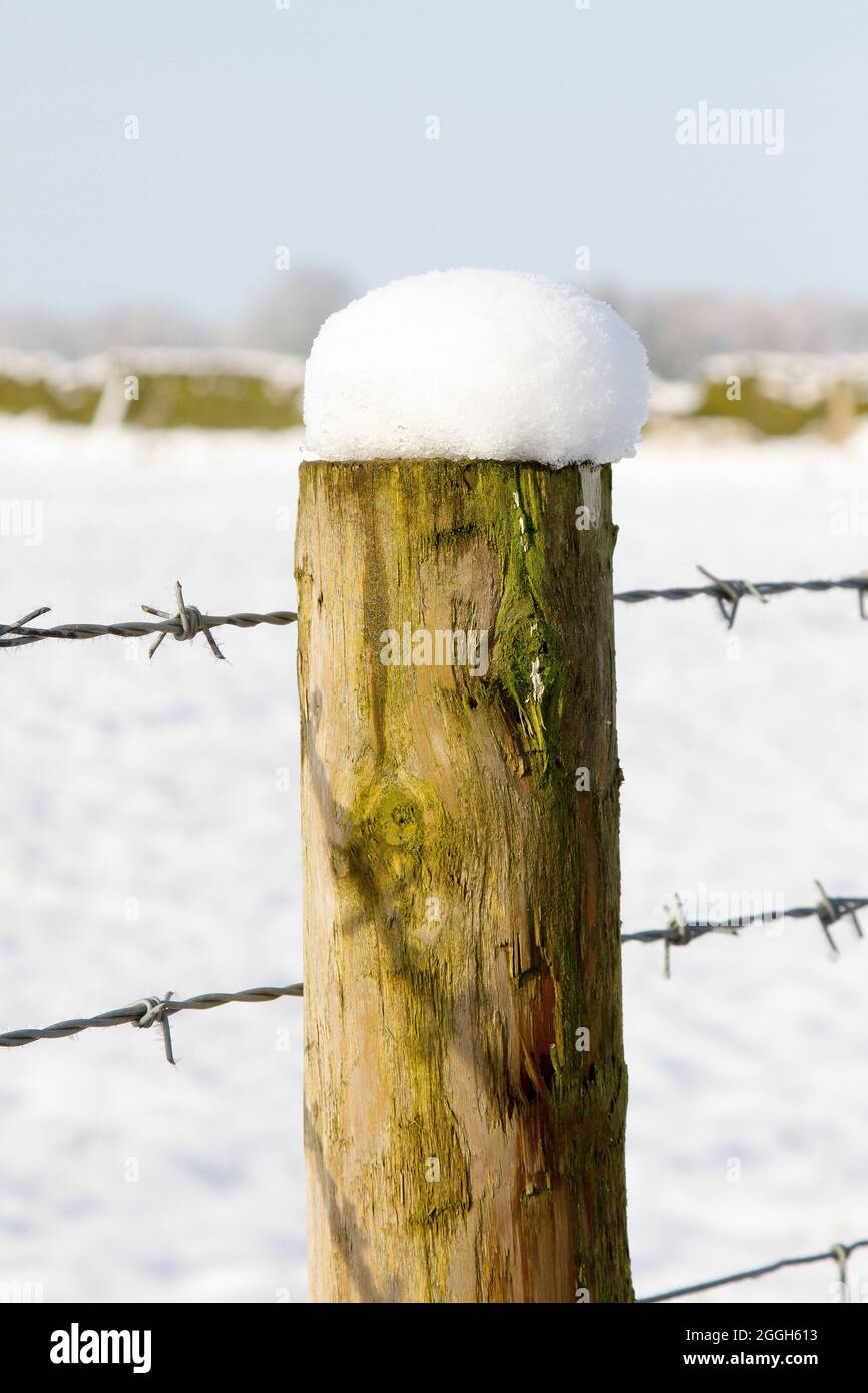 Fence post covered in snow in winter Stock Photo - Alamy