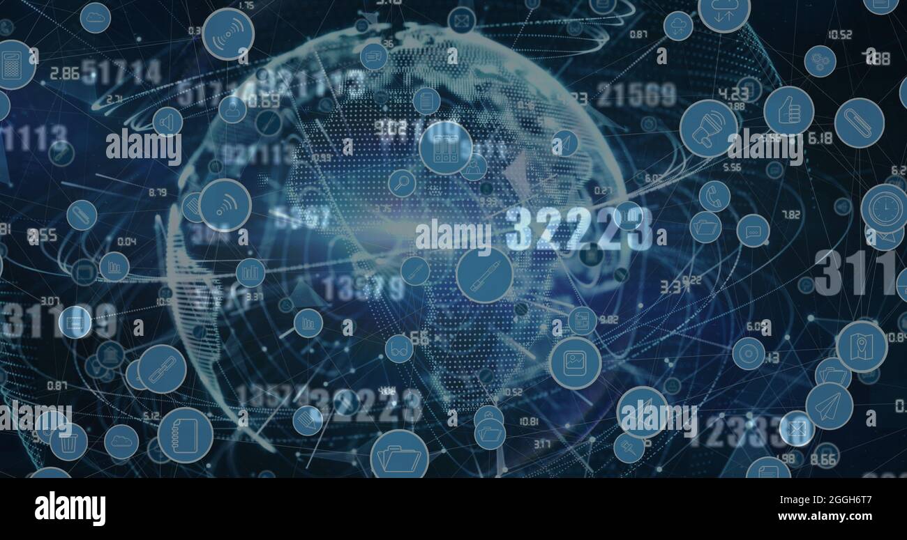 Image of digital icons and numbers changing over globe in background ...