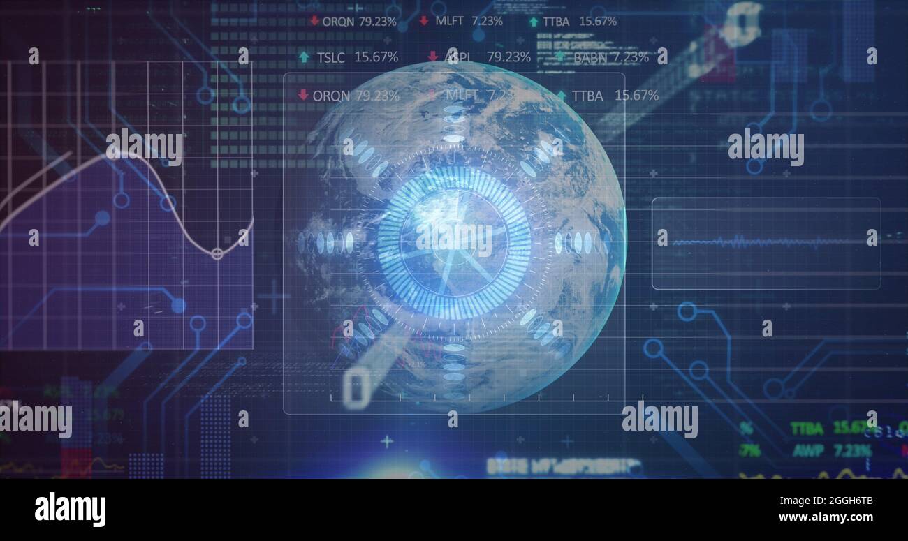 Image of scope scanning and data processing on screens over globe Stock Photo - Alamy