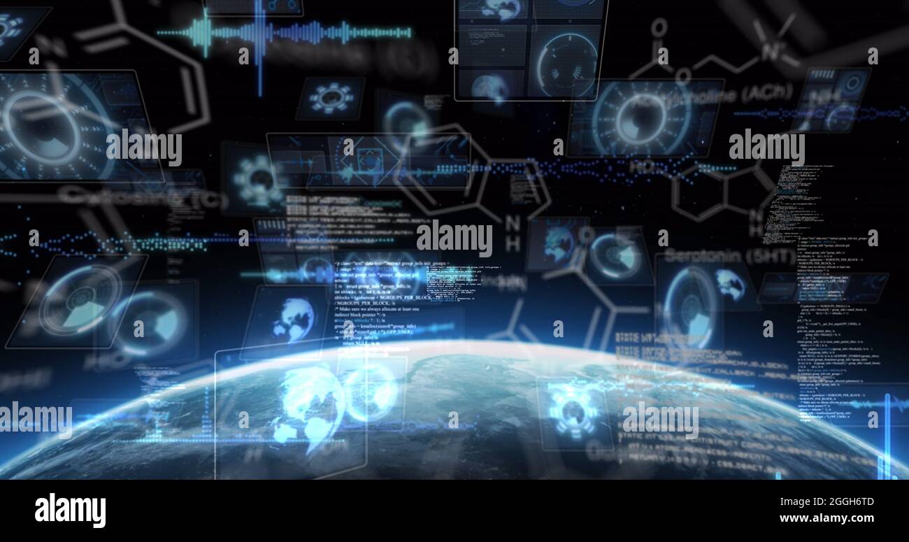 Image of scientific data processing and scopes scanning on screens over globe and sun Stock ...