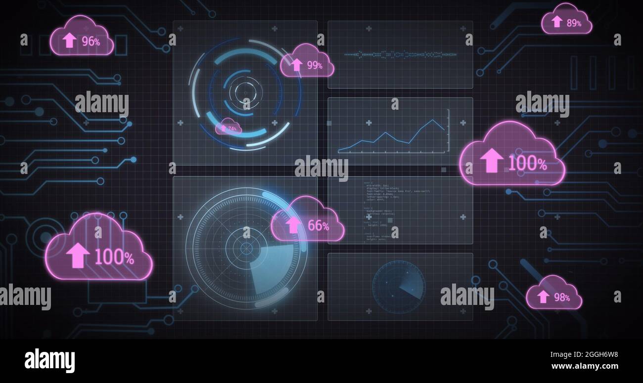 Image of pink clouds with arrows and percent, scopes scanning and data ...