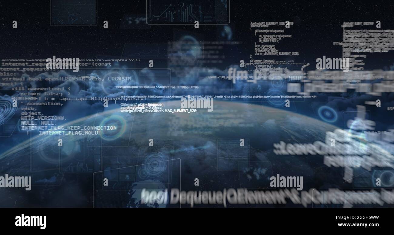 Image of scopes scanning and data processing on screens over globe and clouds Stock Photo - Alamy