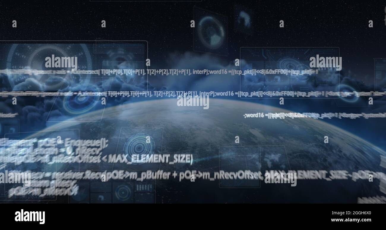 Image of scopes scanning and data processing on screens over globe and clouds Stock Photo - Alamy