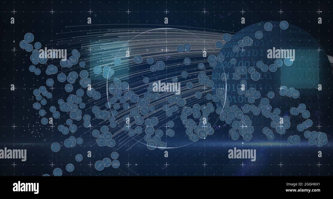 Image of digital icons over globe with binary coding in background Stock Photo - Alamy