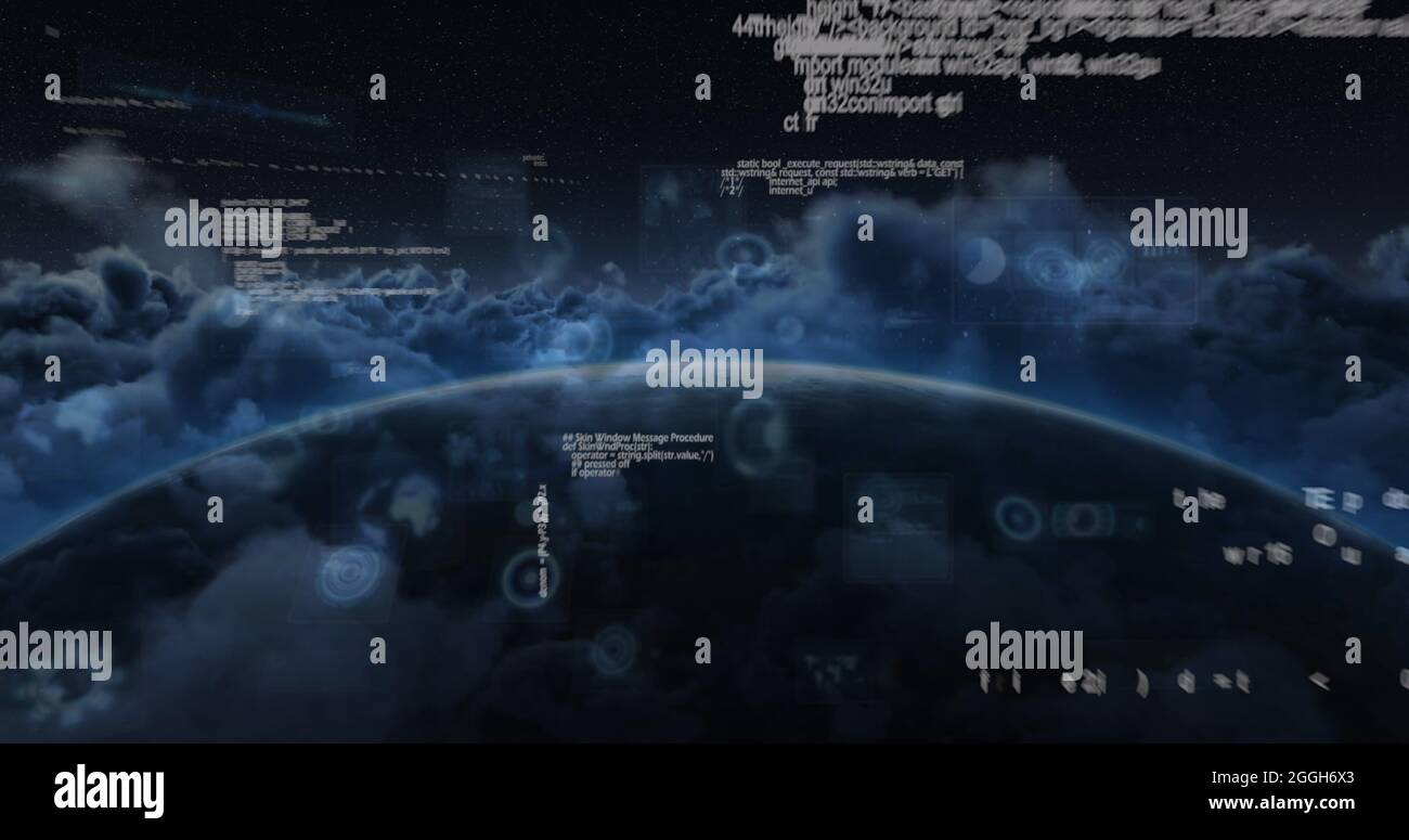 Image of scopes scanning and data processing on screens over globe and clouds Stock Photo - Alamy