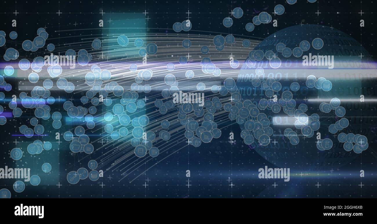 Image of digital icons over globe with binary coding in background Stock Photo - Alamy