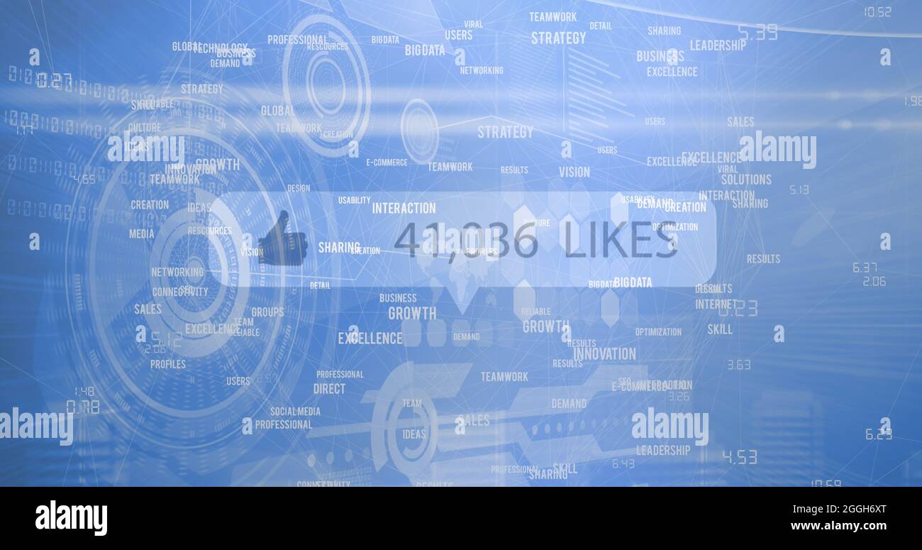 Image of speech bubble with likes and numbers, scopes scanning and ...