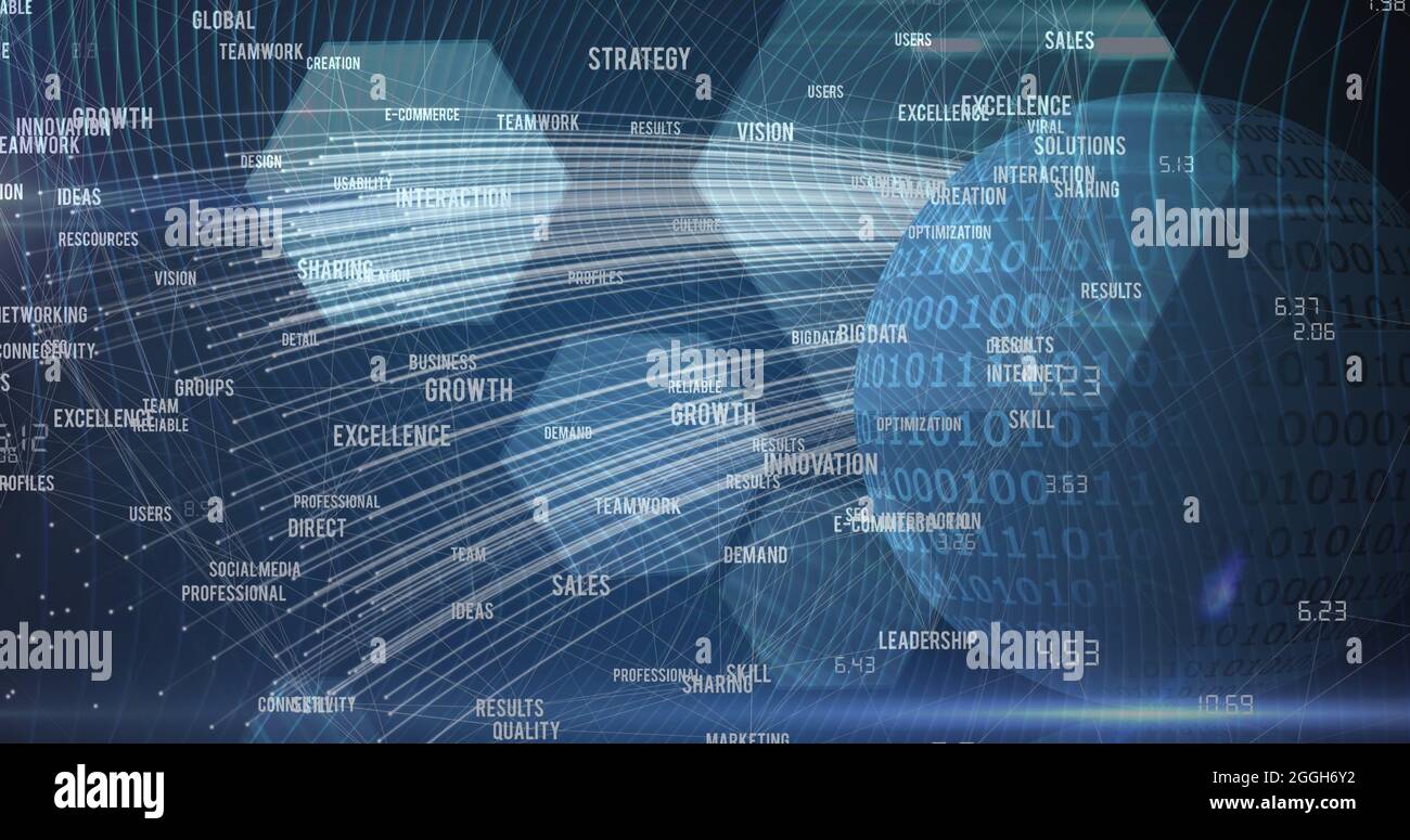 Image of business text and light trails over globe with binary coding ...