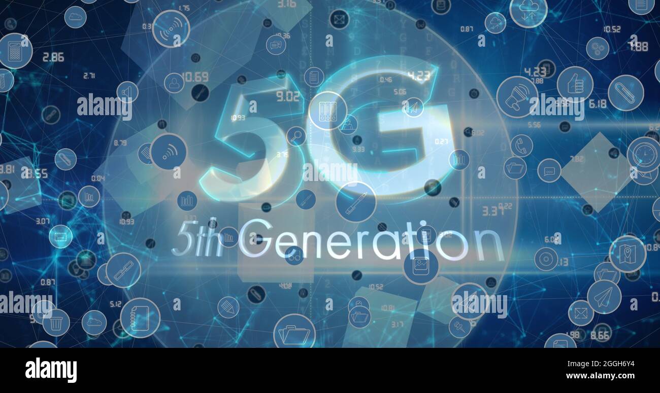 Image of 5g 5th generation text over digital icons and globe in ...