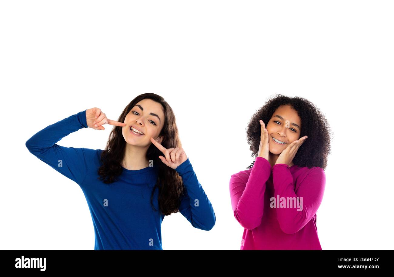 Two cheerful women friends girls isolated Stock Photo - Alamy