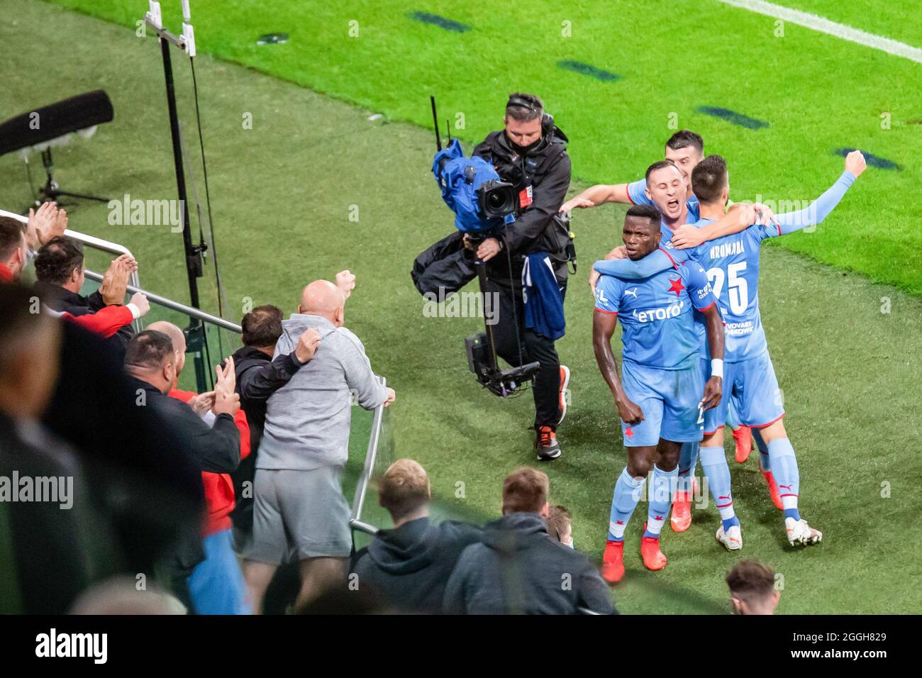 Moses Ubong Ekpai (L) of Slavia and his teammate celebrates a goal with ...