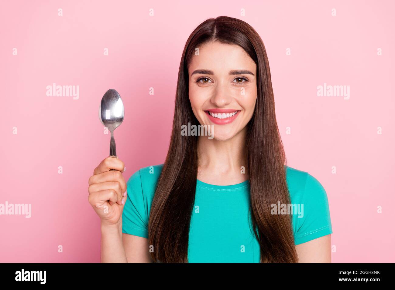 Photo of young woman happy positive smile hold spoon food meal hungry ...