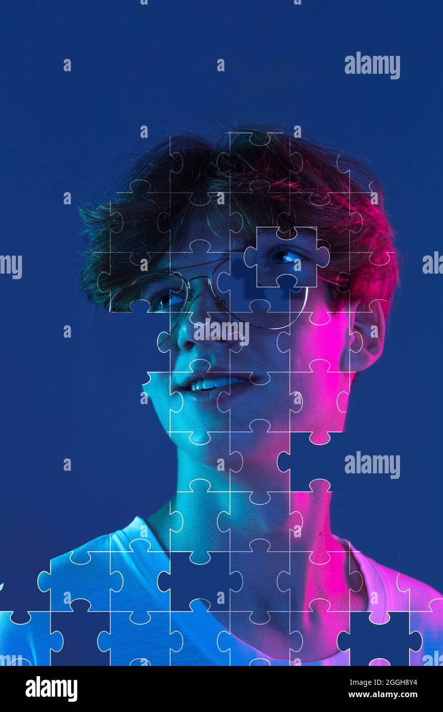 Artwork. Portrait of young man made of missing pieces of puzzle, modern ...