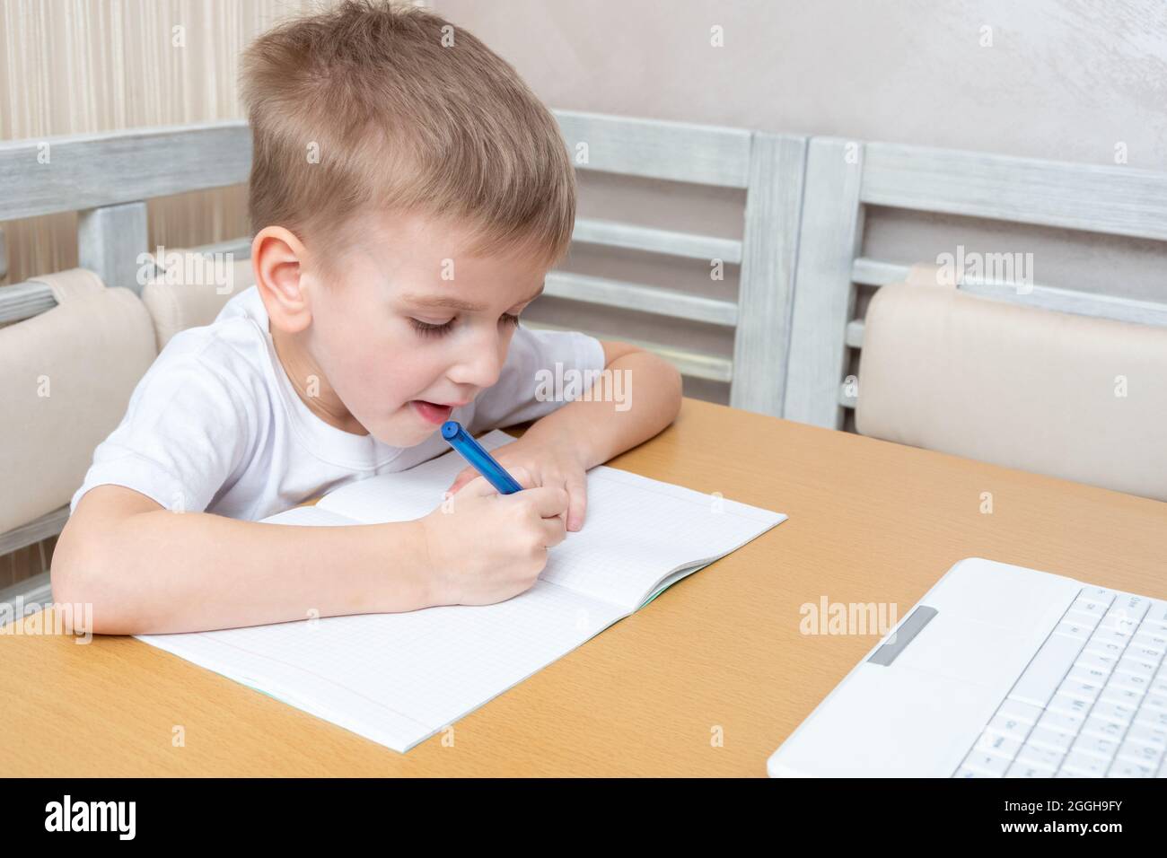 Focused little caucasian boy writing in notebook doing teacher lesson ...