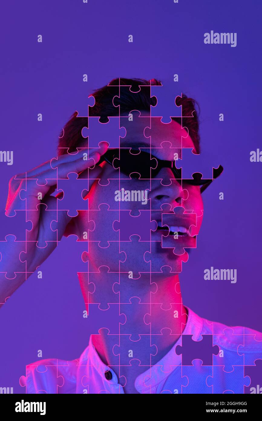 Artwork. Portrait of young man made of missing pieces of puzzle, modern ...