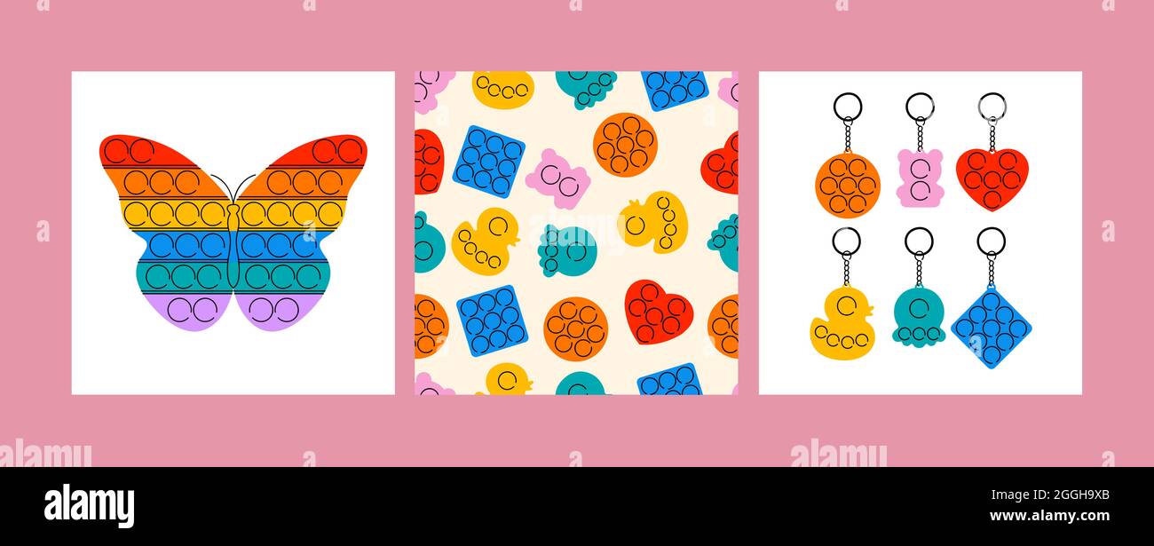 Vector illustration set of trendy sensory pop it fidgets. Rainbow ...