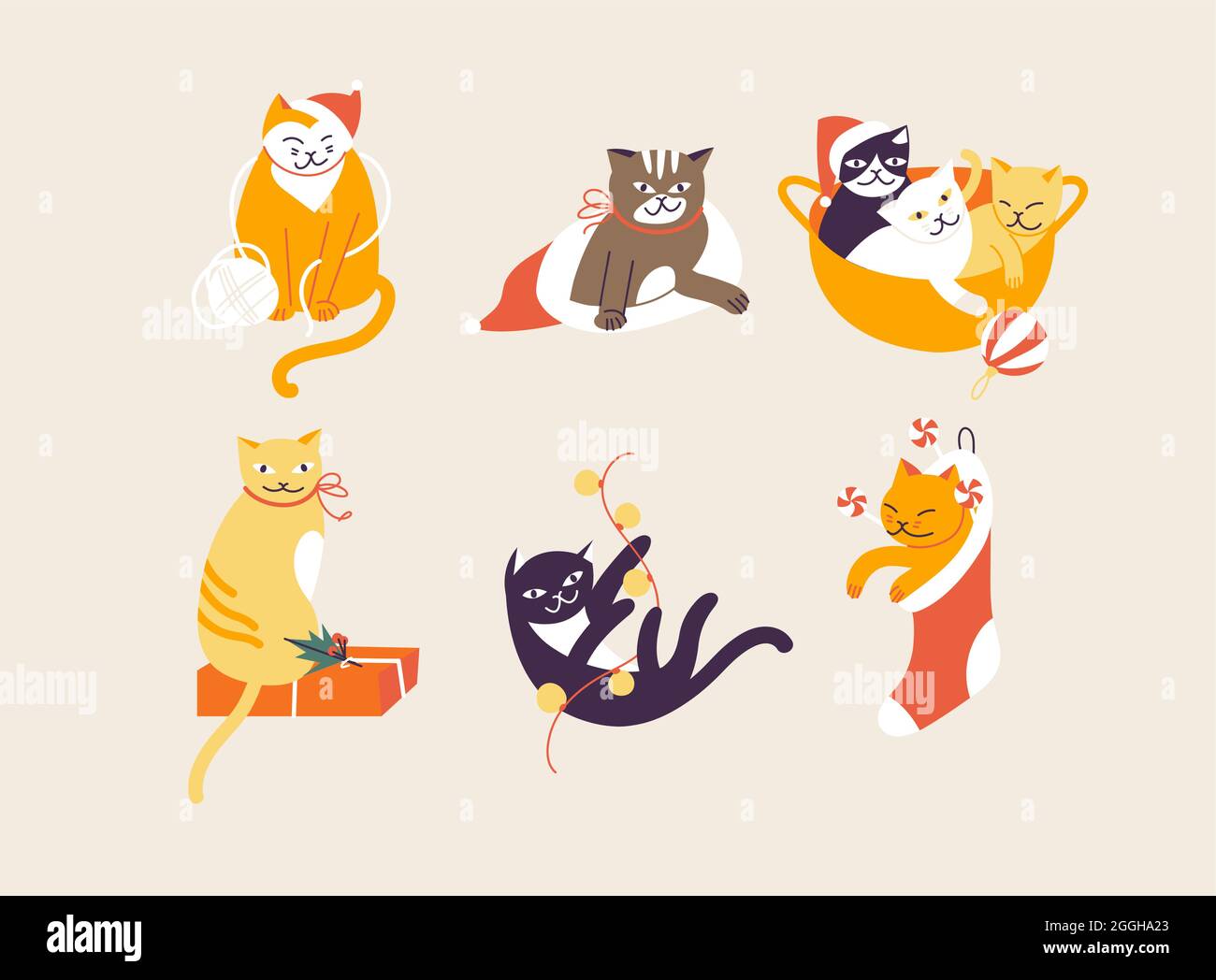 Vector illustration set of cute christmas cats celebrating winter ...