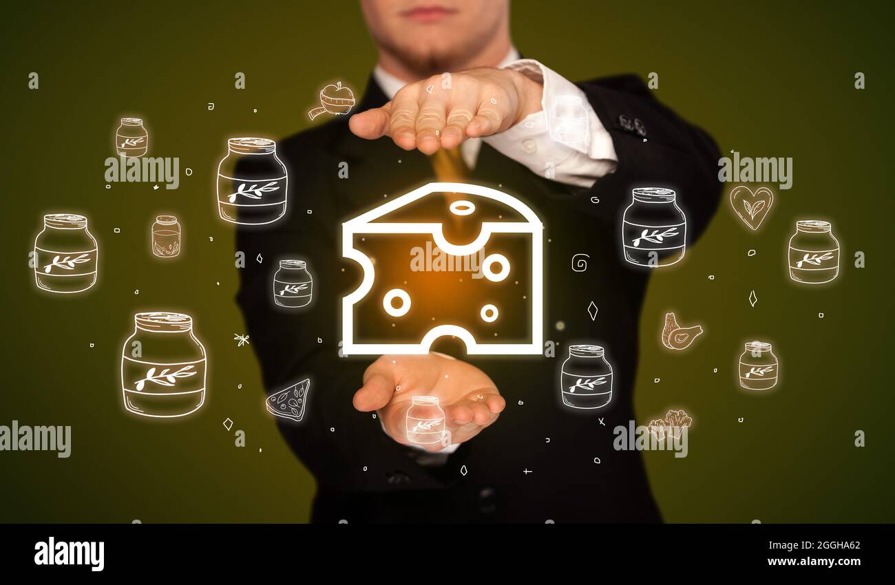 Hand holding food related icons Stock Photo - Alamy