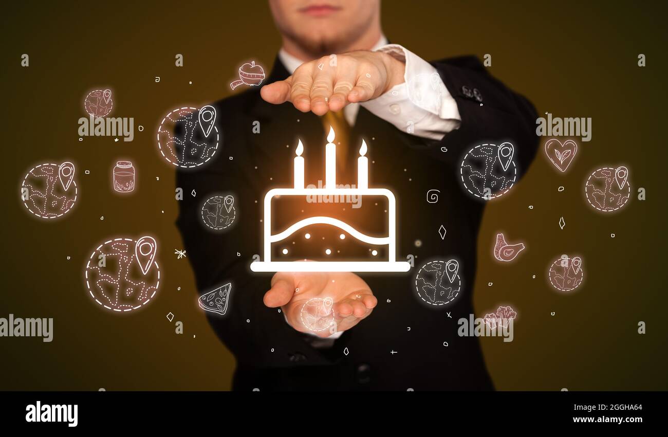Hand holding food related icons Stock Photo - Alamy