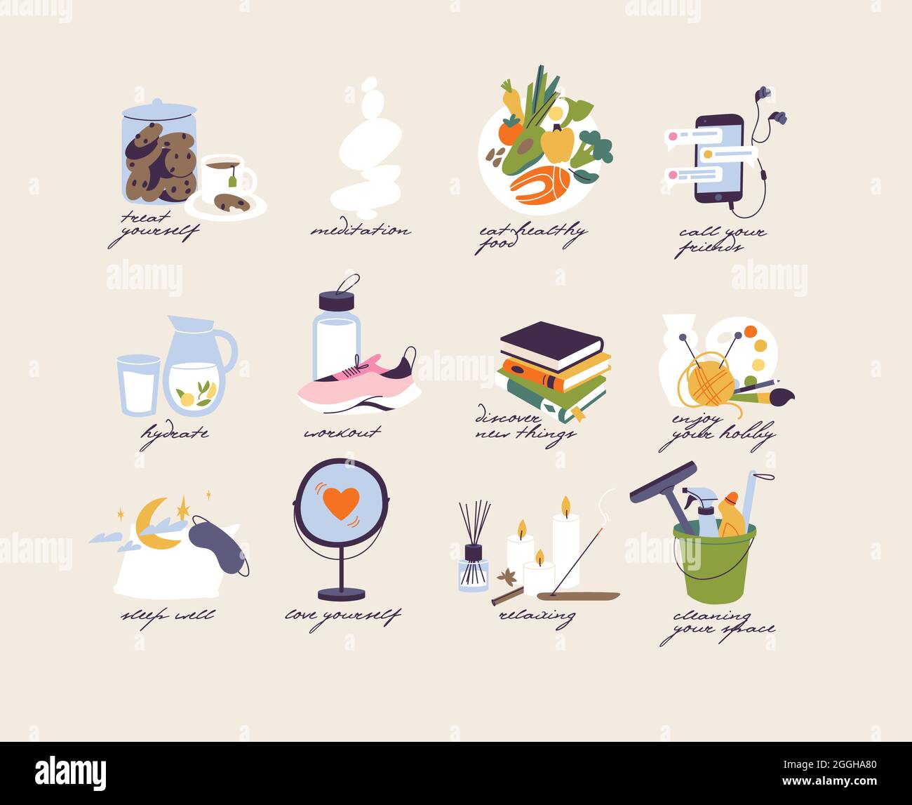 Vector illustration concept of self care and healthy lifestyle. Set ...