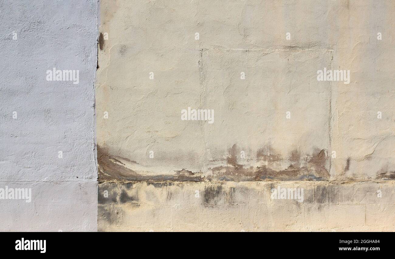 Cream colored plaster wall with damp, grunge background or texture ...