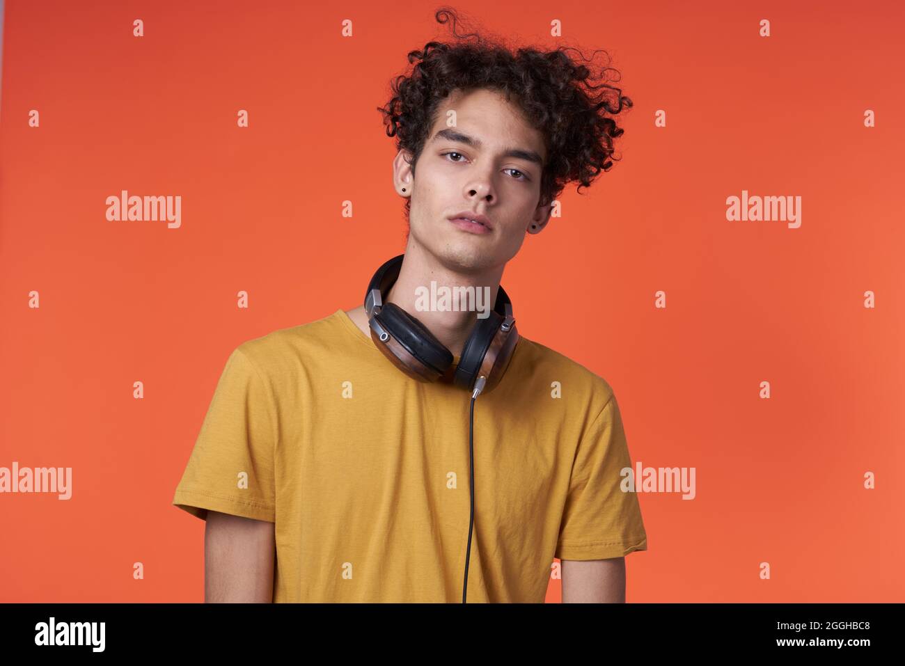 Guy in headphones listening to music technology lifestyle studio Stock ...