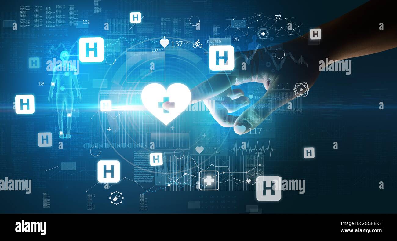 Doctor hand pressing futuristic health device with medical symbol on ...