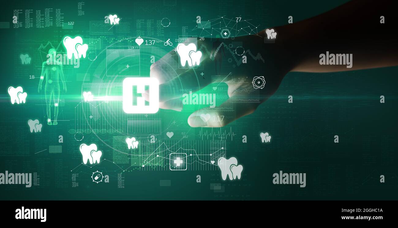 Doctor hand pressing futuristic health device with medical symbol on screen Stock Photo - Alamy