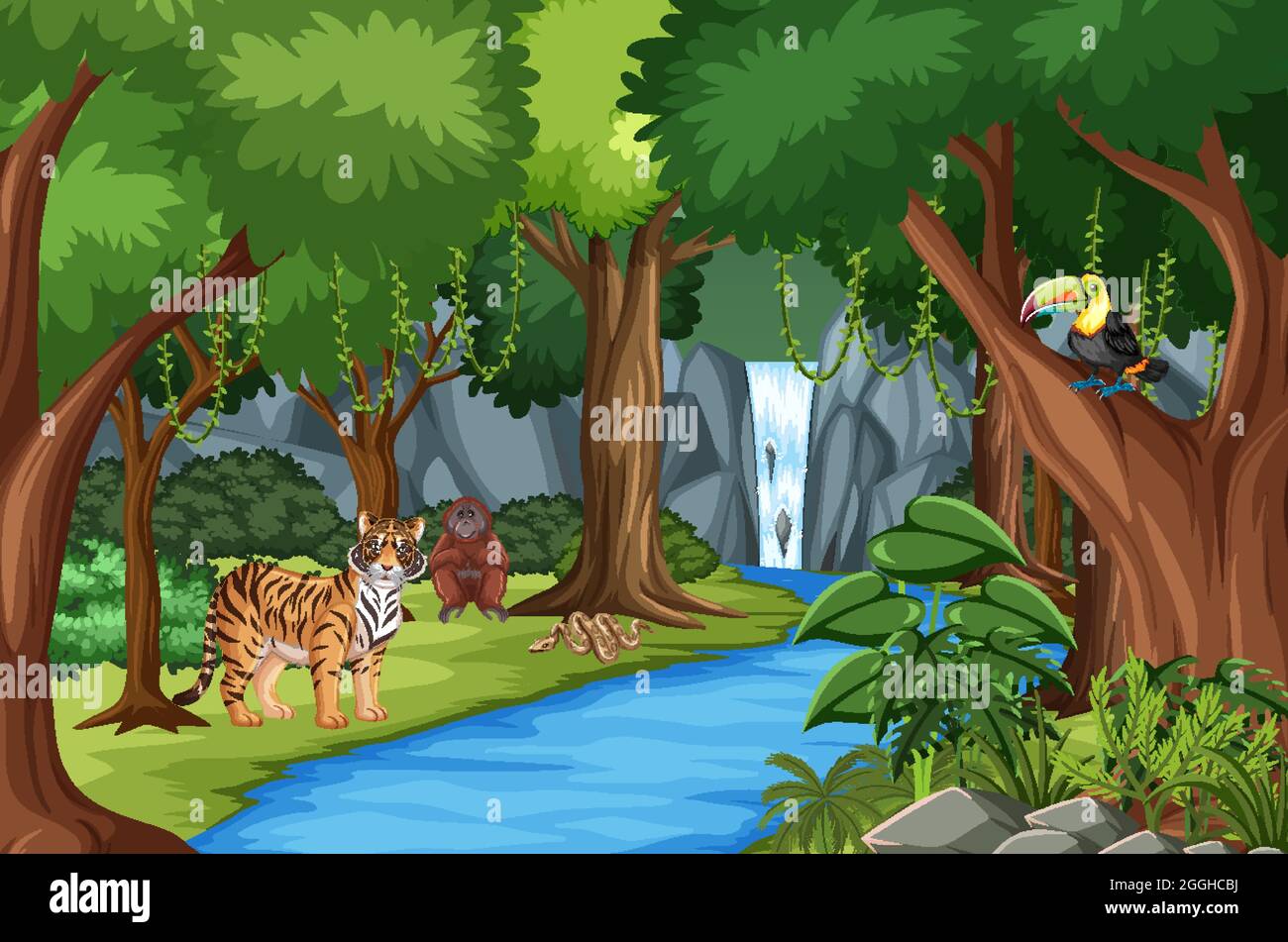 Forest scene with different wild animals illustration Stock Vector ...